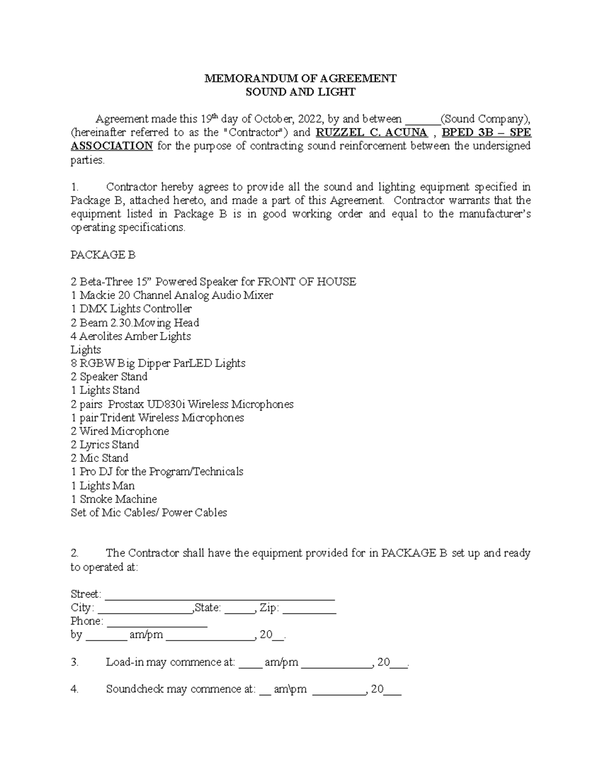 Memorandum OF Agreement - MEMORANDUM OF AGREEMENT SOUND AND LIGHT ...