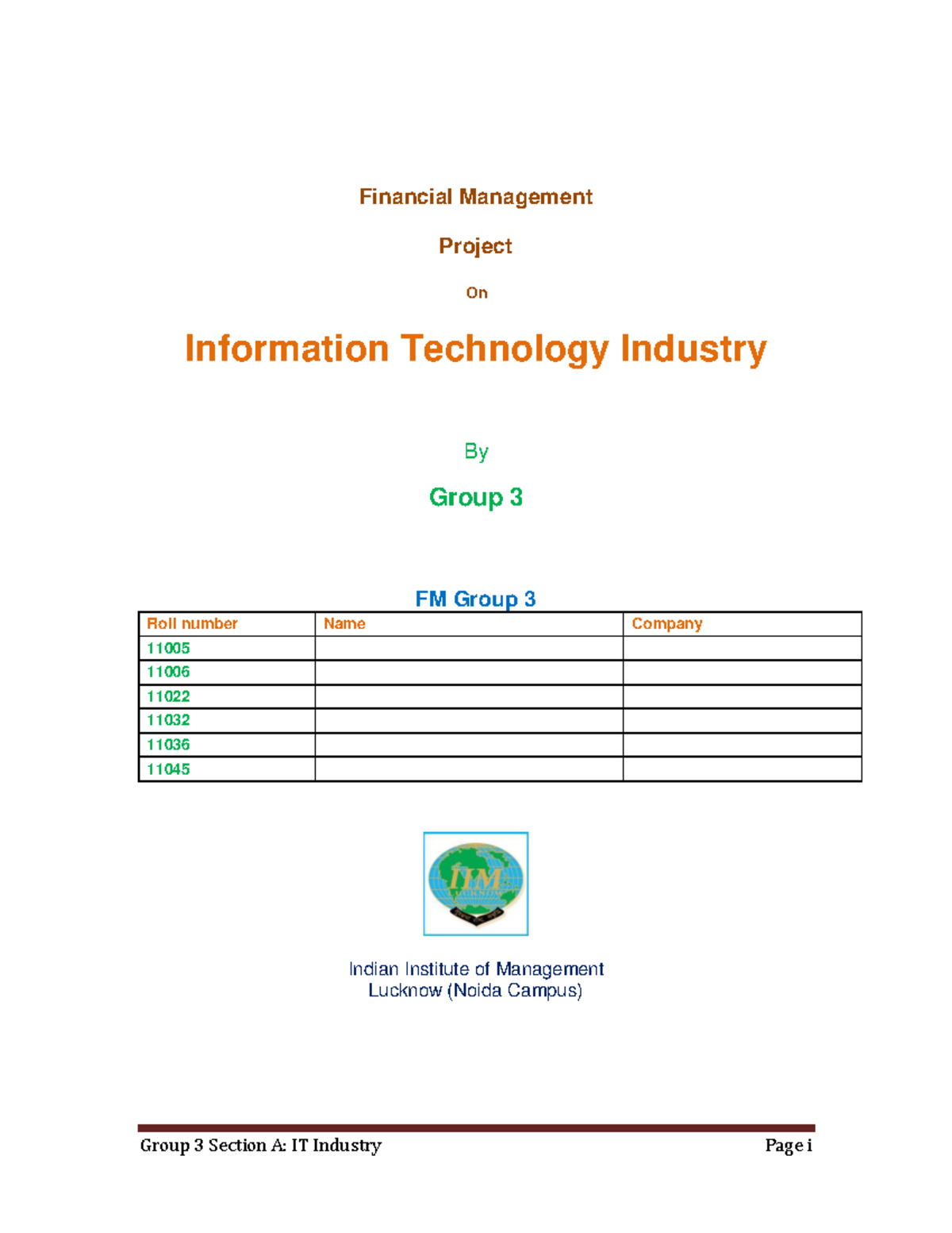 Group 3 FM Project IT Industry - Group 3 Section A: IT Industry Page i ...