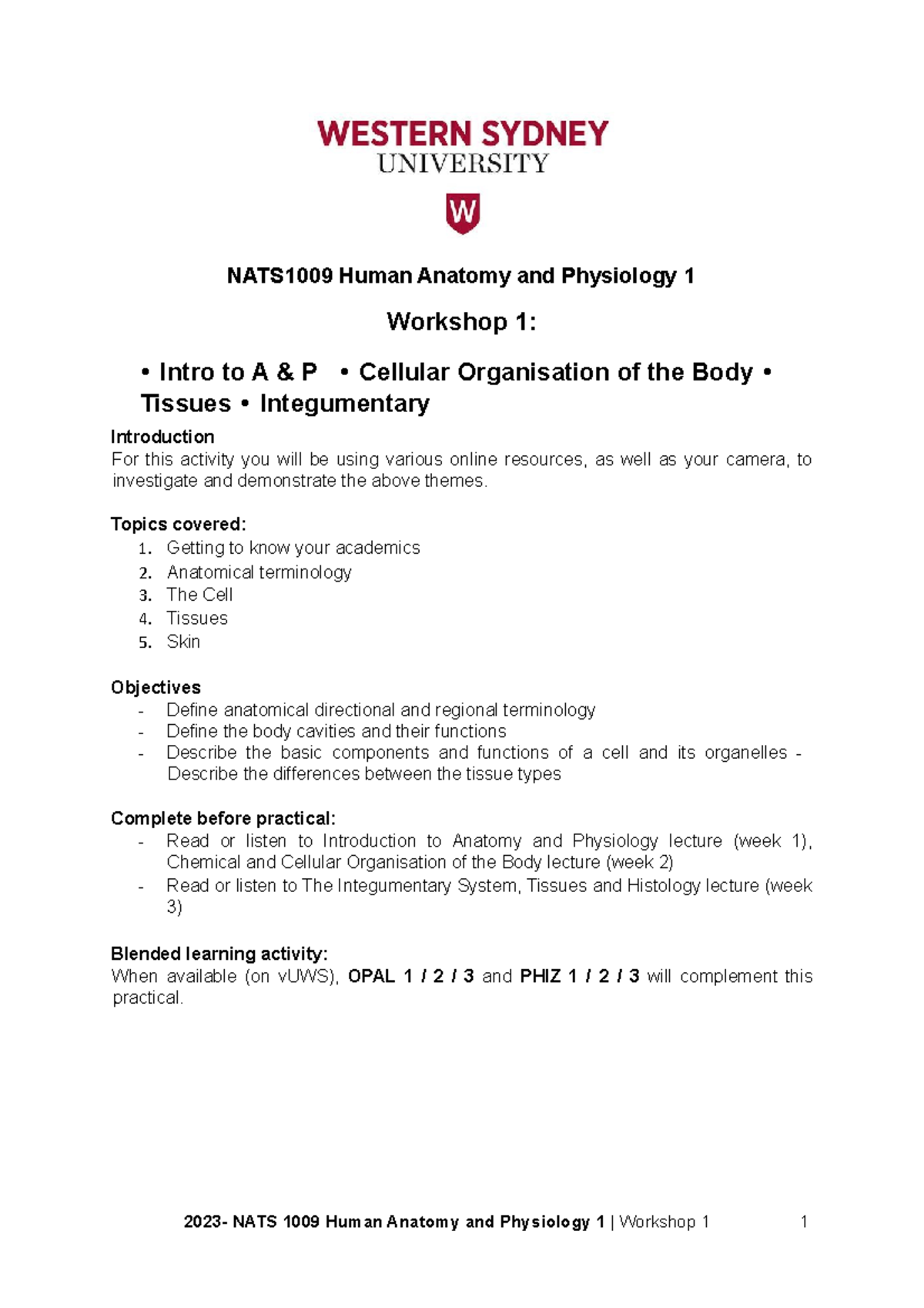 PDF workshop - Prac notes - NATS1009 Human Anatomy and Physiology 1 ...