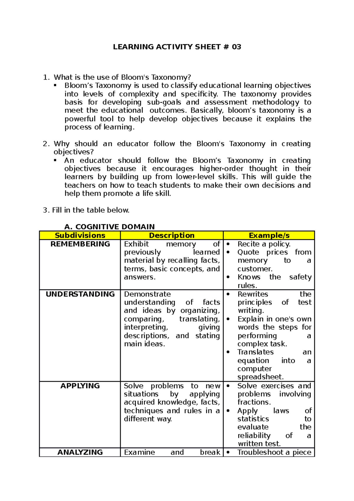 Bloom's Taxonomy - For educational purposes only - LEARNING ACTIVITY ...