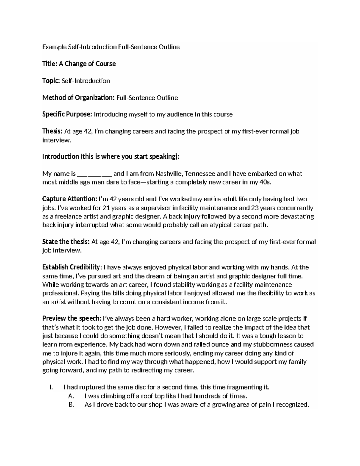 Unit 2 Example Self Intro Outline - Example Self-Introduction Full ...