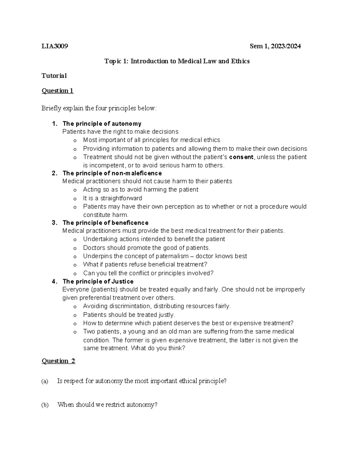 Medical LAW - Tutorial 1 - LIA3009 Sem 1, 2023/ Topic 1: Introduction ...