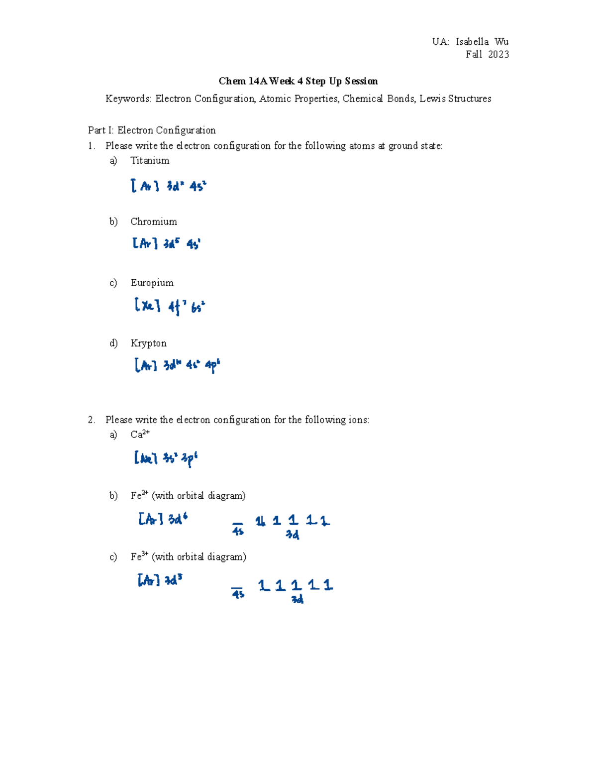 [Answer] Chem 14A F23 Week 4 Step Up - Isabella - UA: Isabella Wu Fall ...