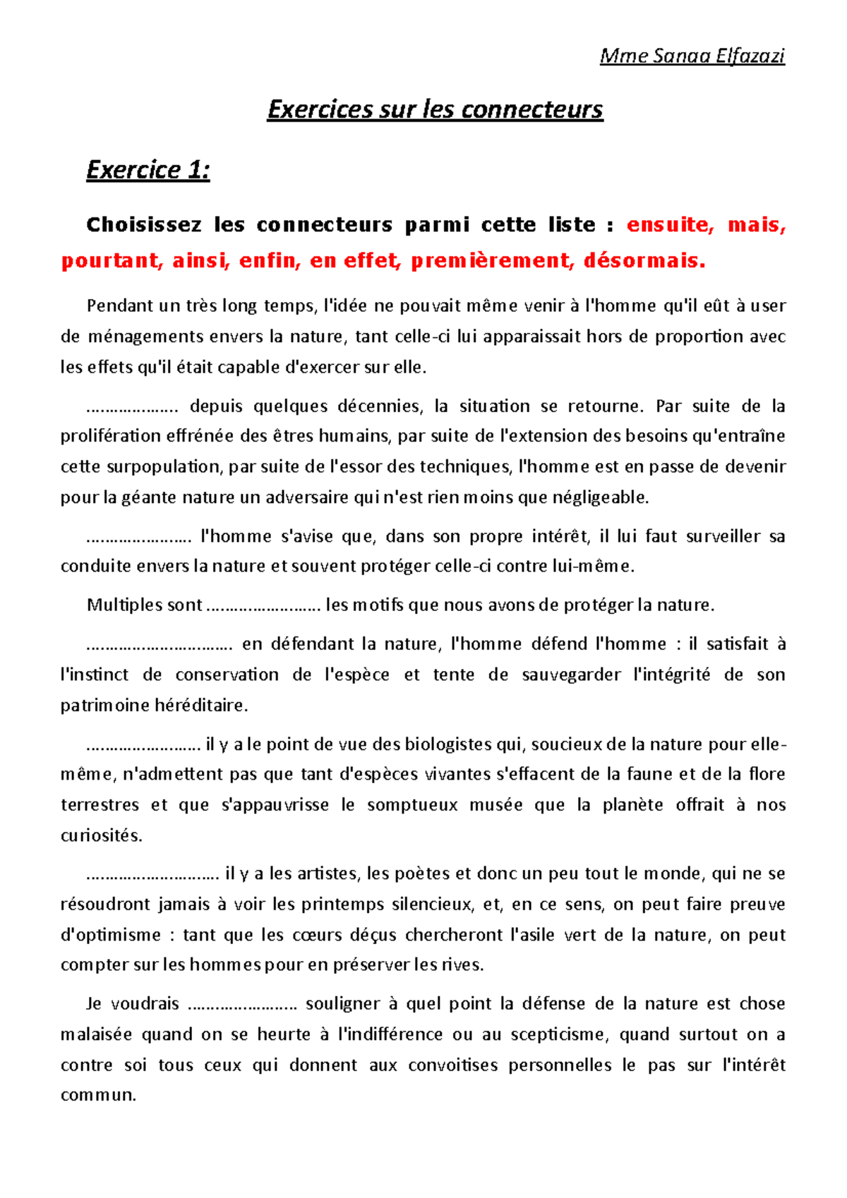 2 - Exercice sur les connecteurs. - Mme Sanaa Elfazazi Exercices sur ...