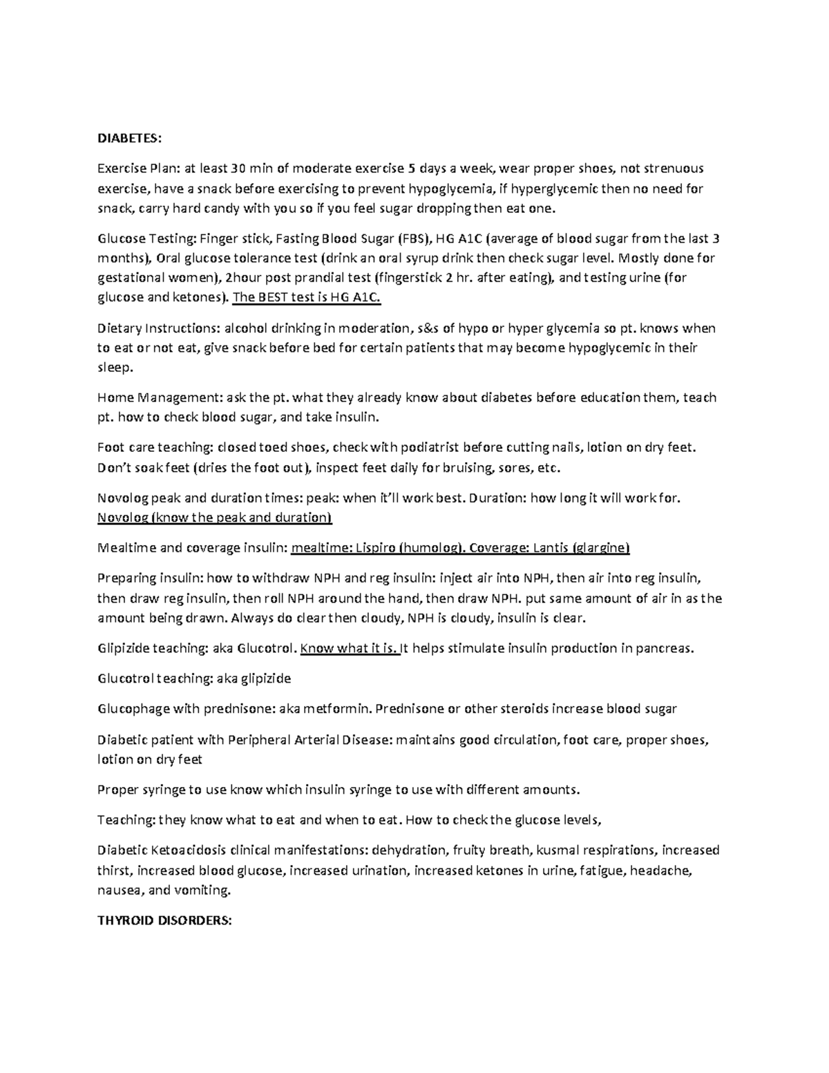 Med Surg Notes #3 - DIABETES: Exercise Plan: at least 30 min of ...