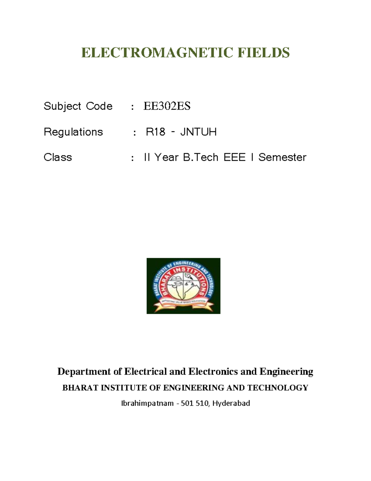 Electromagneticfield 2 - ELECTROMAGNETIC FIELDS Subject Code : EE302ES Regulations : R18 - JNTUH ...