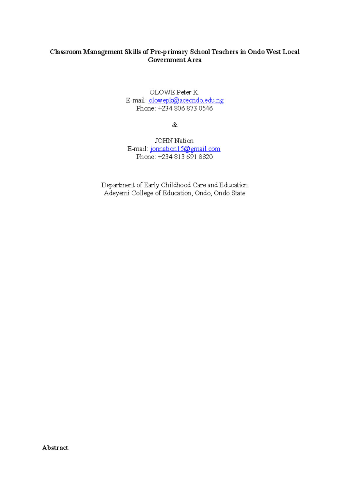 Classroom Management Skills Of Pre Prima Classroom Management Skills