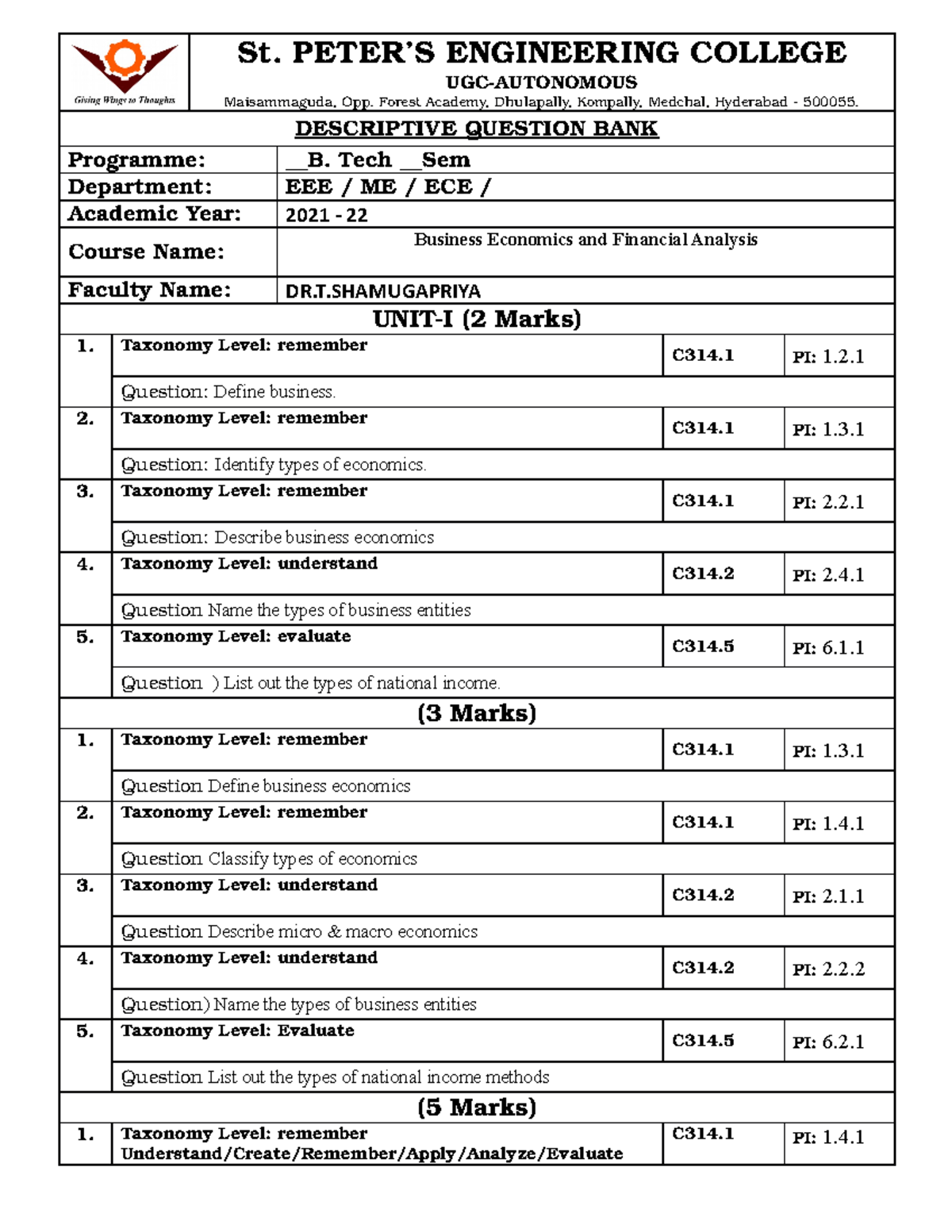 BEFA Descriptive Questions- QUESTION BANK FOR BUSINESS ECONOMICS - St ...
