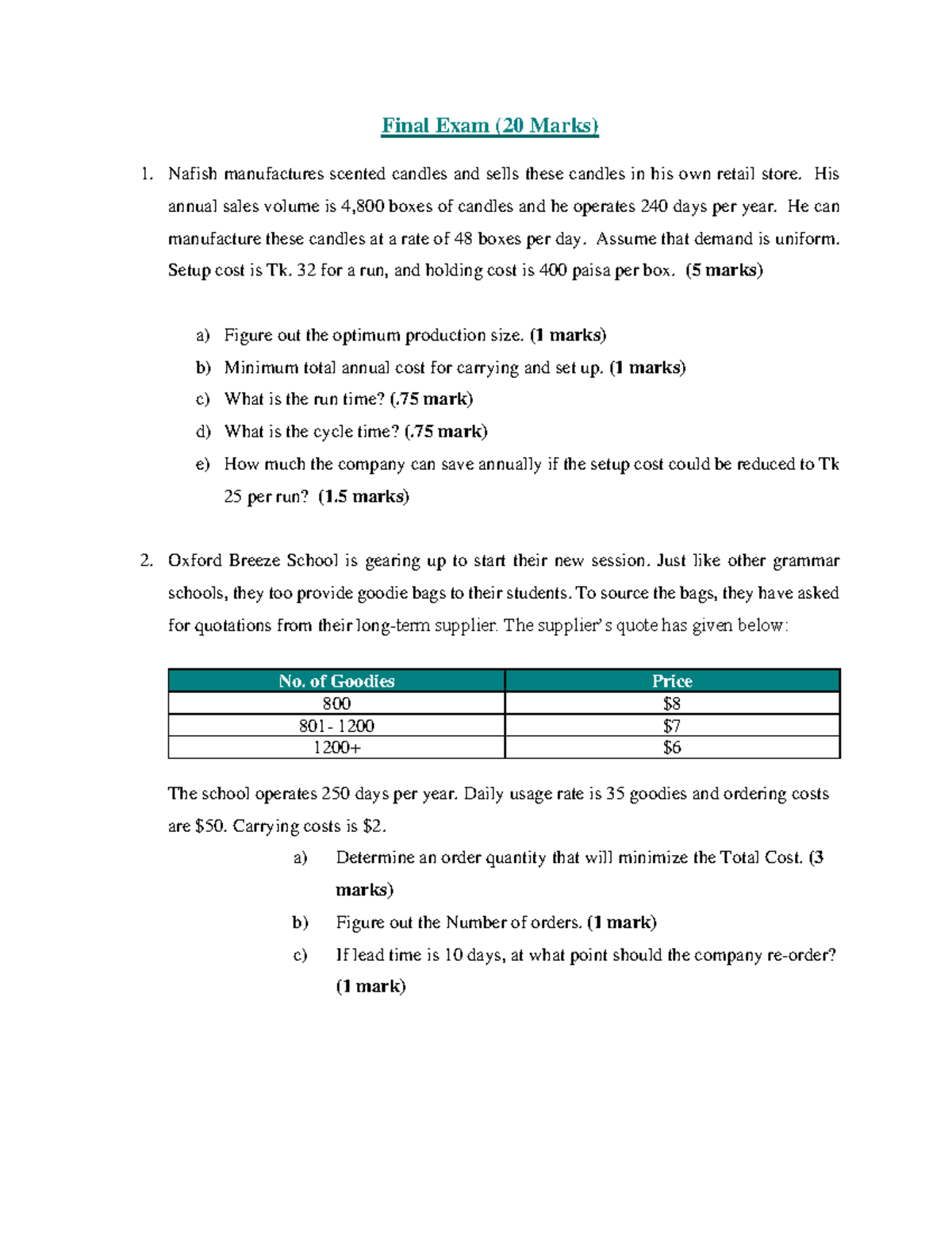 Final-Exam - Finance - Final Exam (20 Marks) 1. Nafish manufactures ...