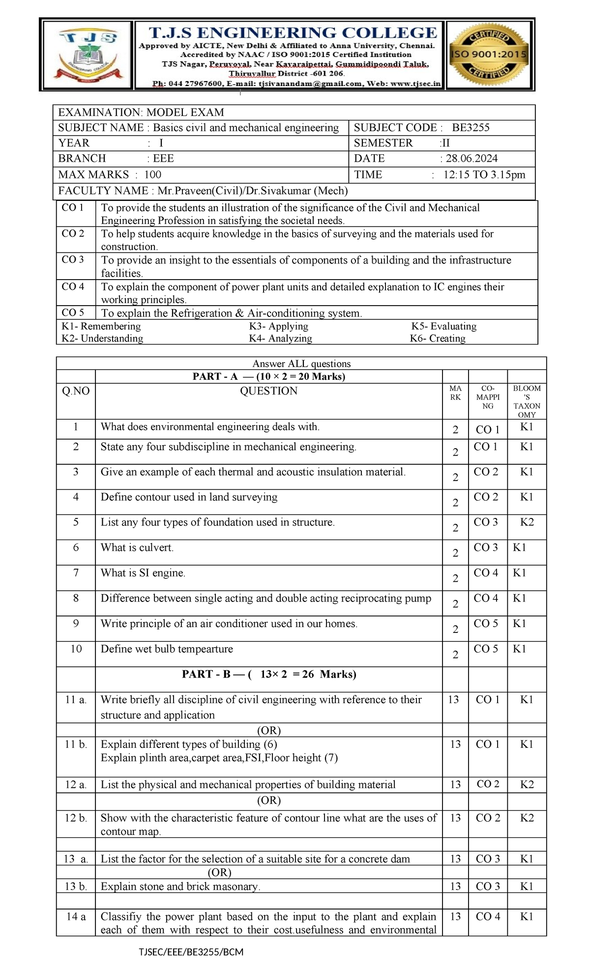 BCM - QUESTION PAPER - EXAMINATION: MODEL EXAM SUBJECT NAME : Basics ...