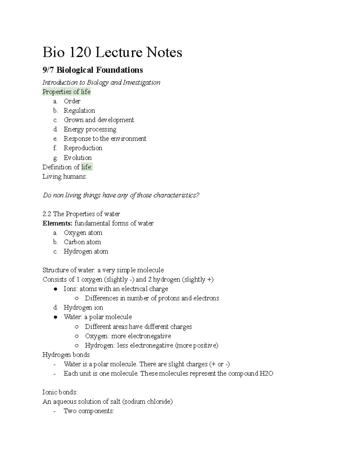 Biological Foundations - Bio 120 Lecture Notes 9/7 Biological ...