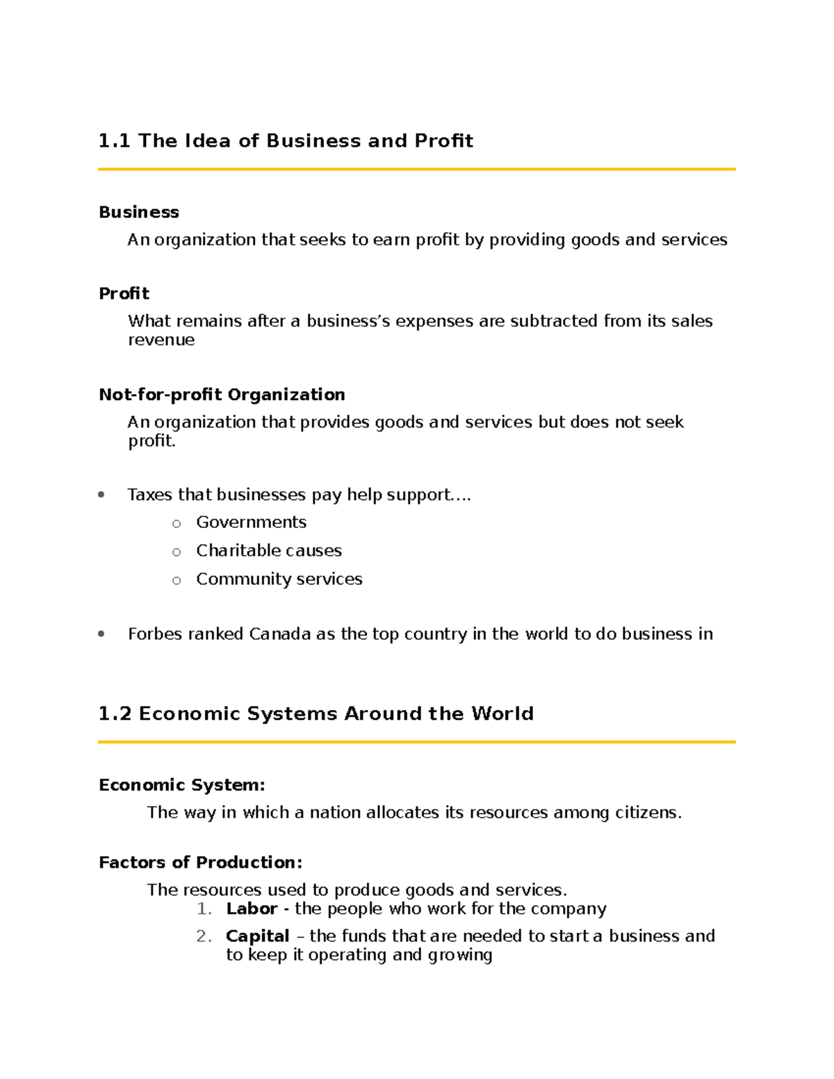 Chapter 1 Notes - Business 1000 - 1 The Idea of Business and Profit ...