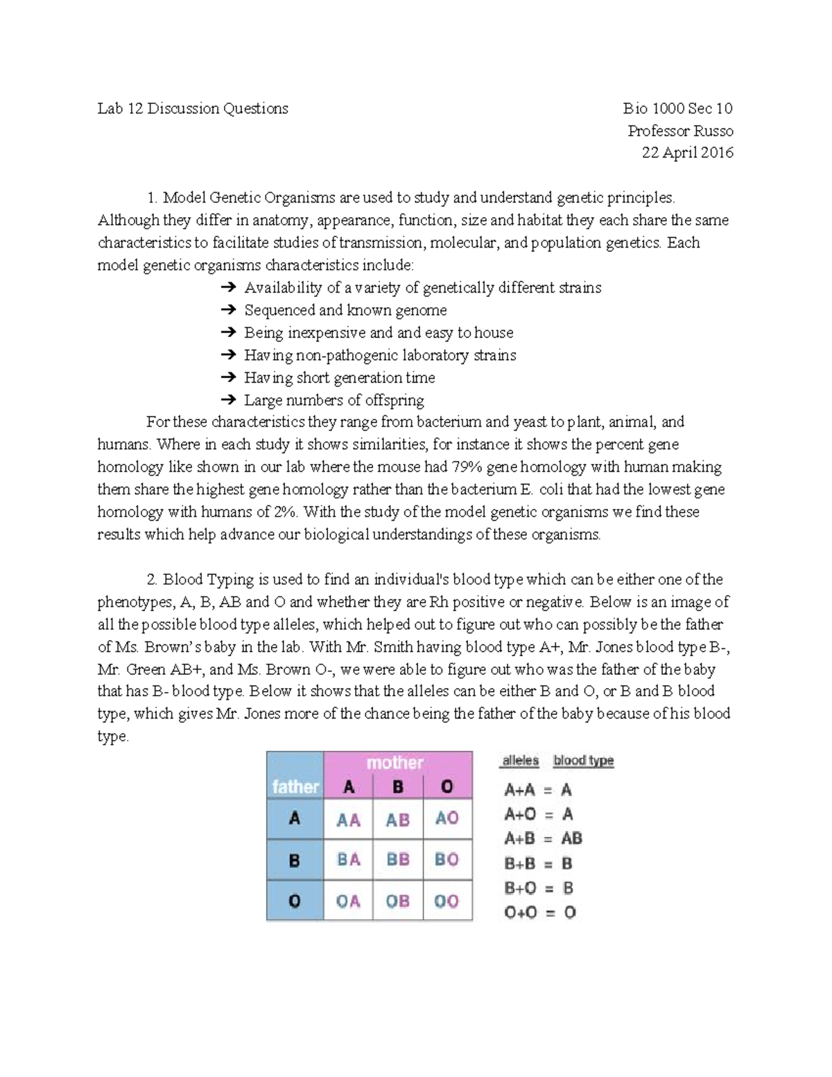 Lab 12 -Bio 1000 - lab for Prof. Russo - Lab 12 Discussion Questions ...