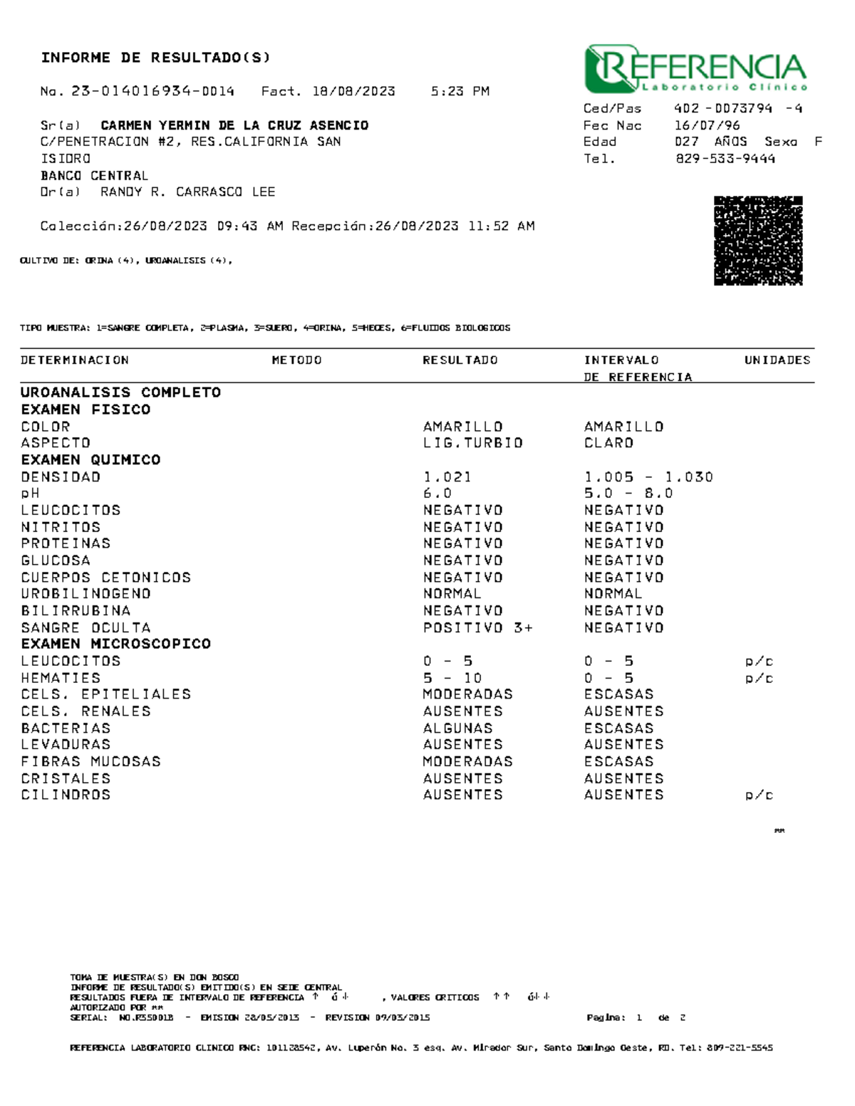 Analisis de Orina - normal - INFORME DE RESULTADO(S) No. 23-014016934 ...