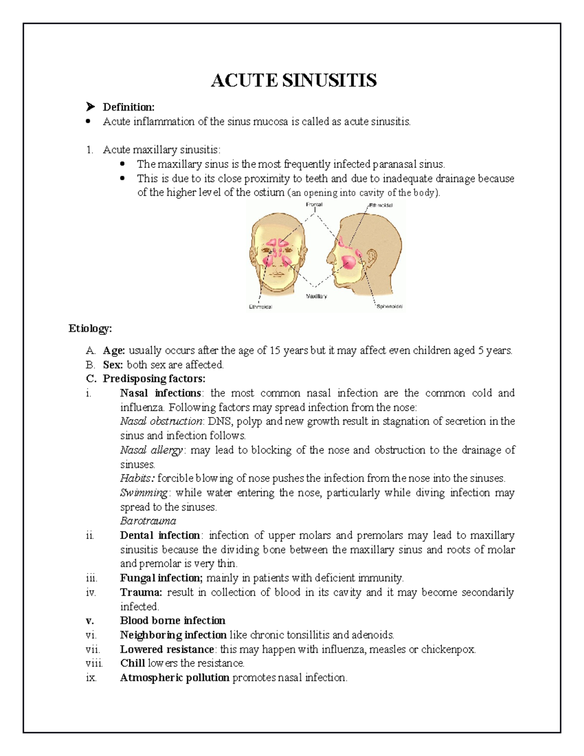 Acute Sinusitis - ACUTE SINUSITIS Definition: Acute inflammation of the ...