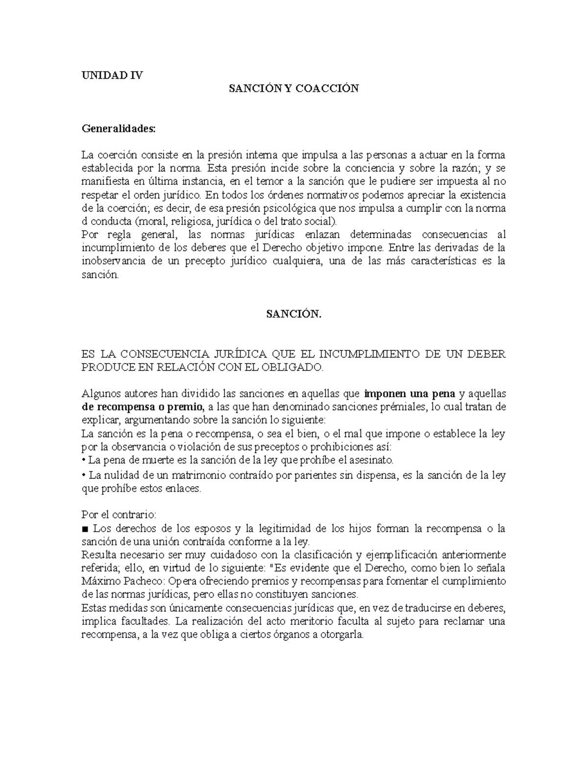 4. Sancion Y Coaccion WORD - UNIDAD IV SANCIÓN Y COACCIÓN Generalidades ...