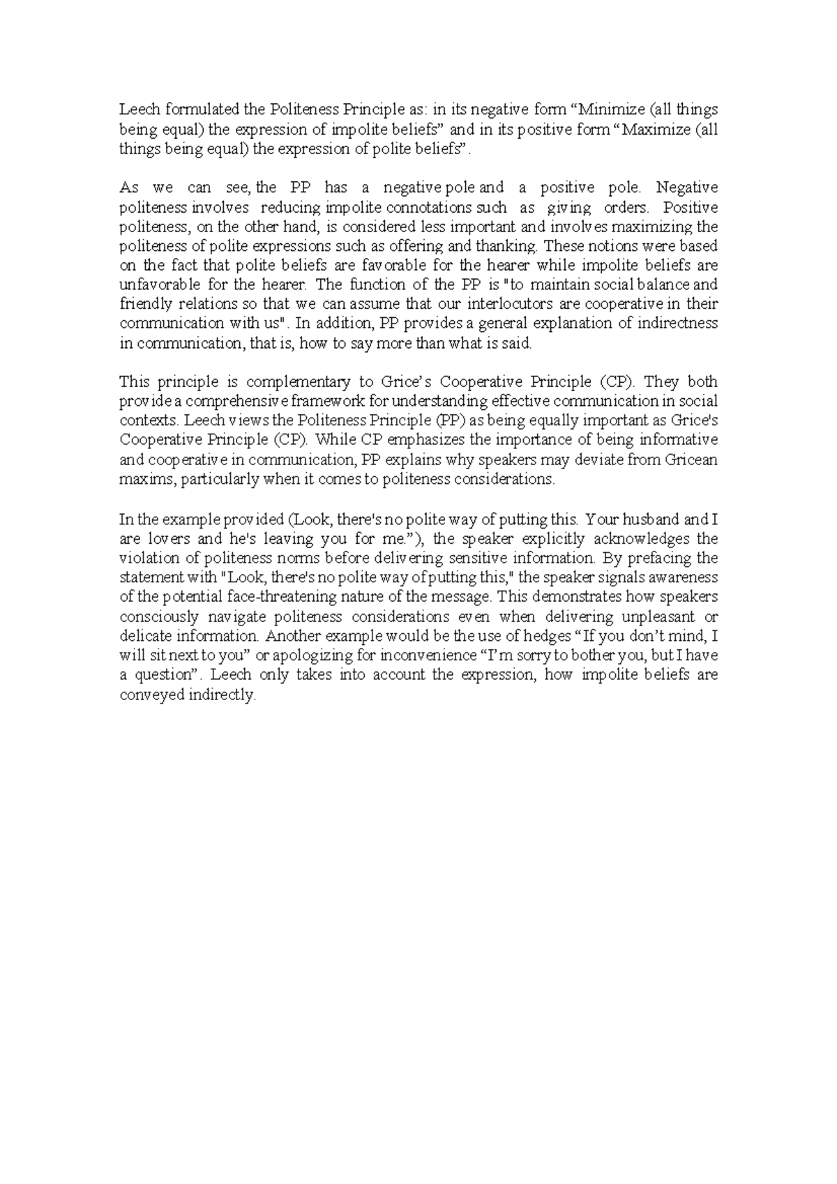 Explanation of Politness Principle - Leech formulated the Politeness ...