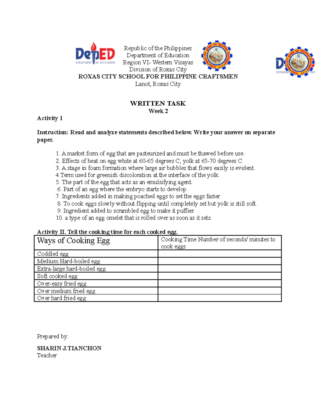 Written Tes for Cookery - Republic of the Philippines Department of ...