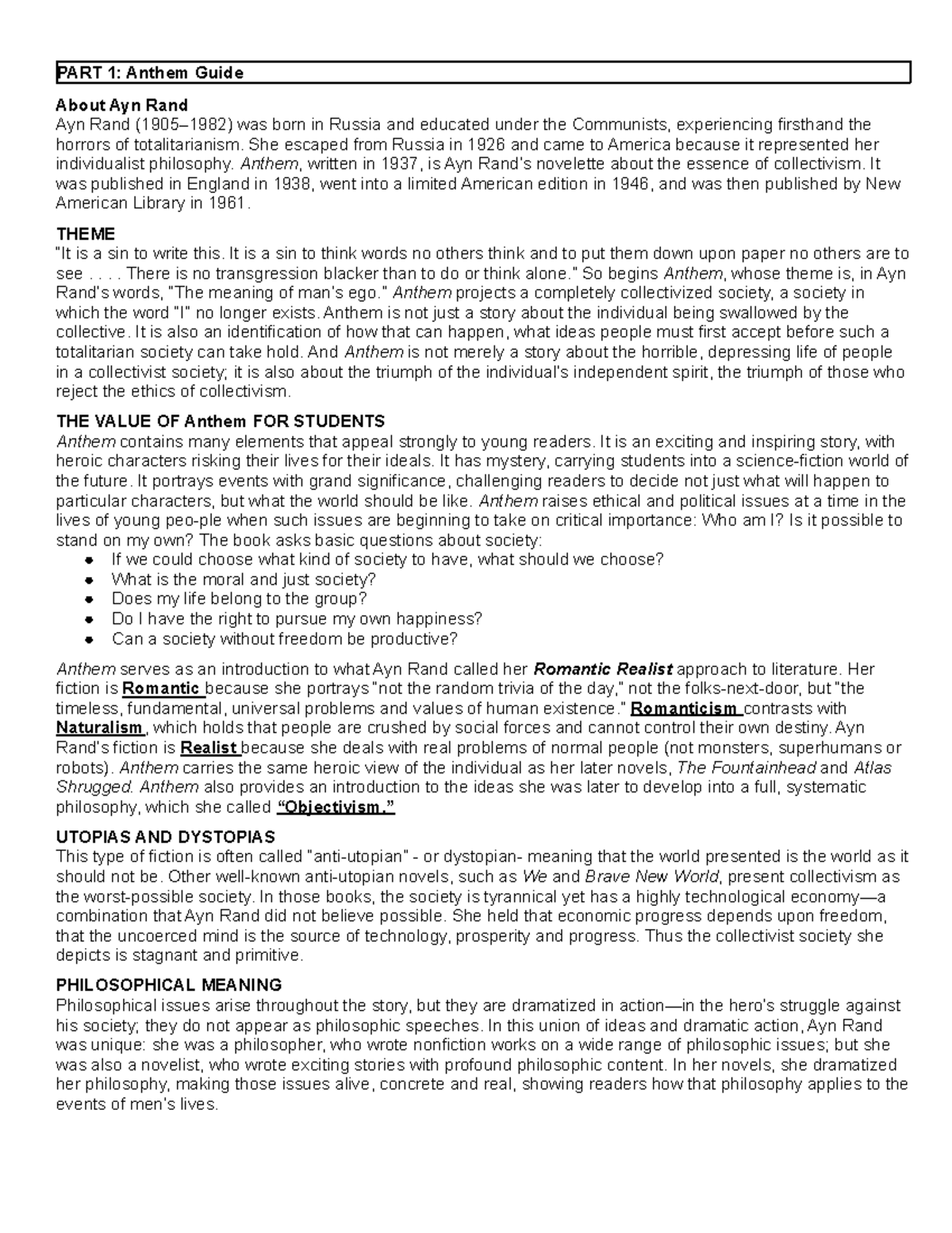 Anthem Annotation Guide - PART 1: Anthem Guide About Ayn Rand Ayn Rand ...