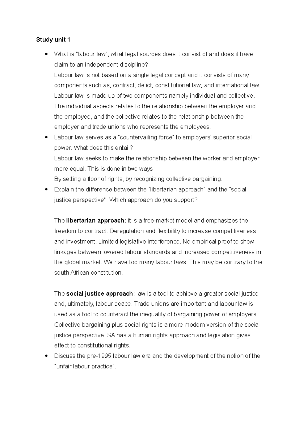 Theme 1 - lecture notes on unit 1 - Study unit 1 What is “labour law ...