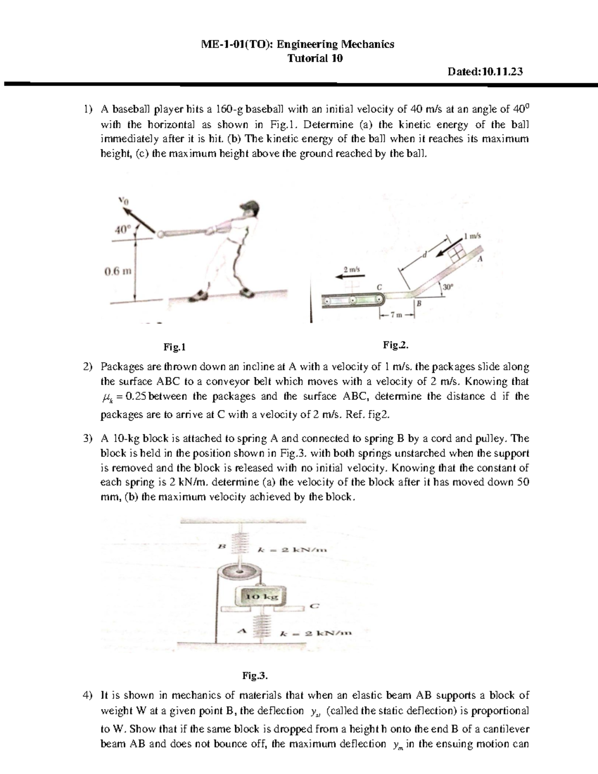 Tutorial of kinetics - ME- 1 - 01(TO): Engineering Mechanics Tutorial 1 ...