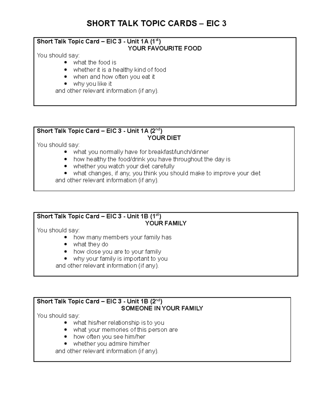 Short Talk Topic Cards - EIC 3 (Unit 1-3) - SHORT TALK TOPIC CARDS ...