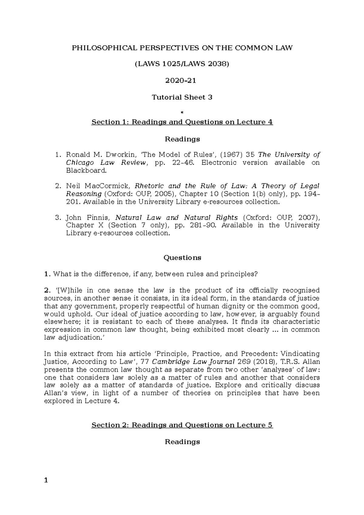 PPCL, Tutorial Sheet 3, 2020-21 - PHILOSOPHICAL PERSPECTIVES ON THE ...