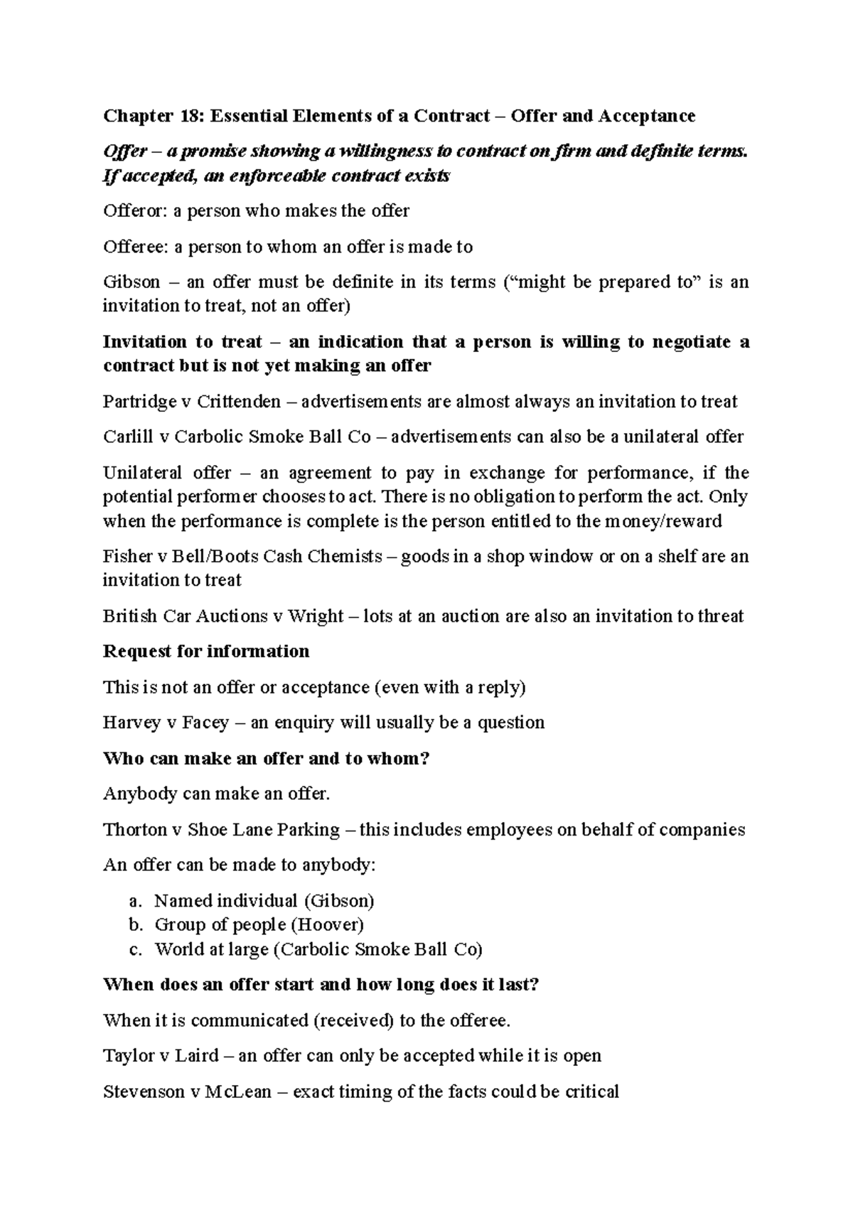 Chapter 18 Offer and Acceptance - Chapter 18: Essential Elements of a ...