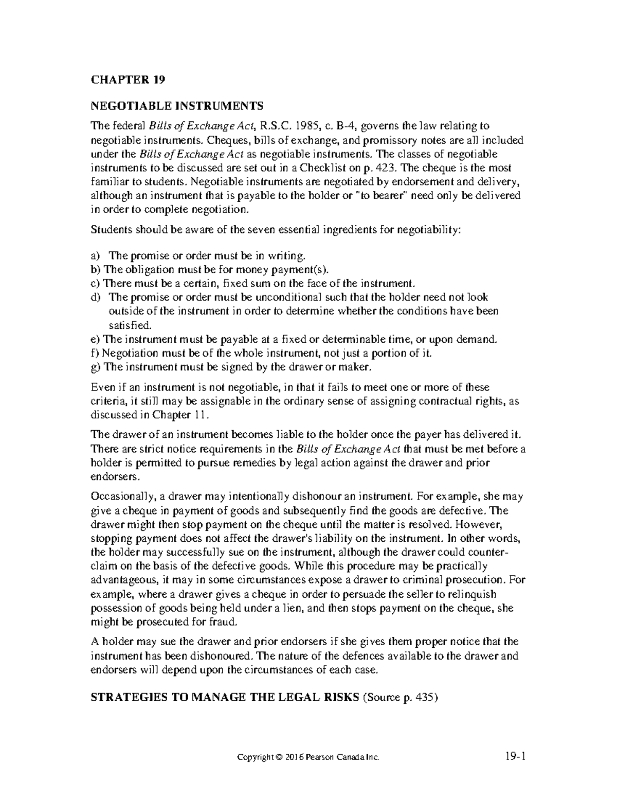 Smyth_14e_IM_Ch19 - CHAPTER 19 NEGOTIABLE INSTRUMENTS The federal Bills ...