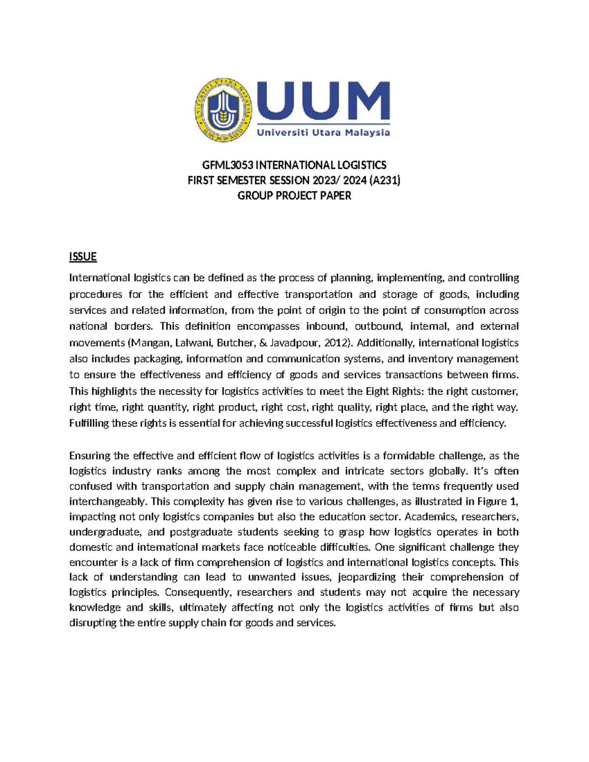 Group Project Paper A231 - GFML3053 INTERNATIONAL LOGISTICS FIRST ...