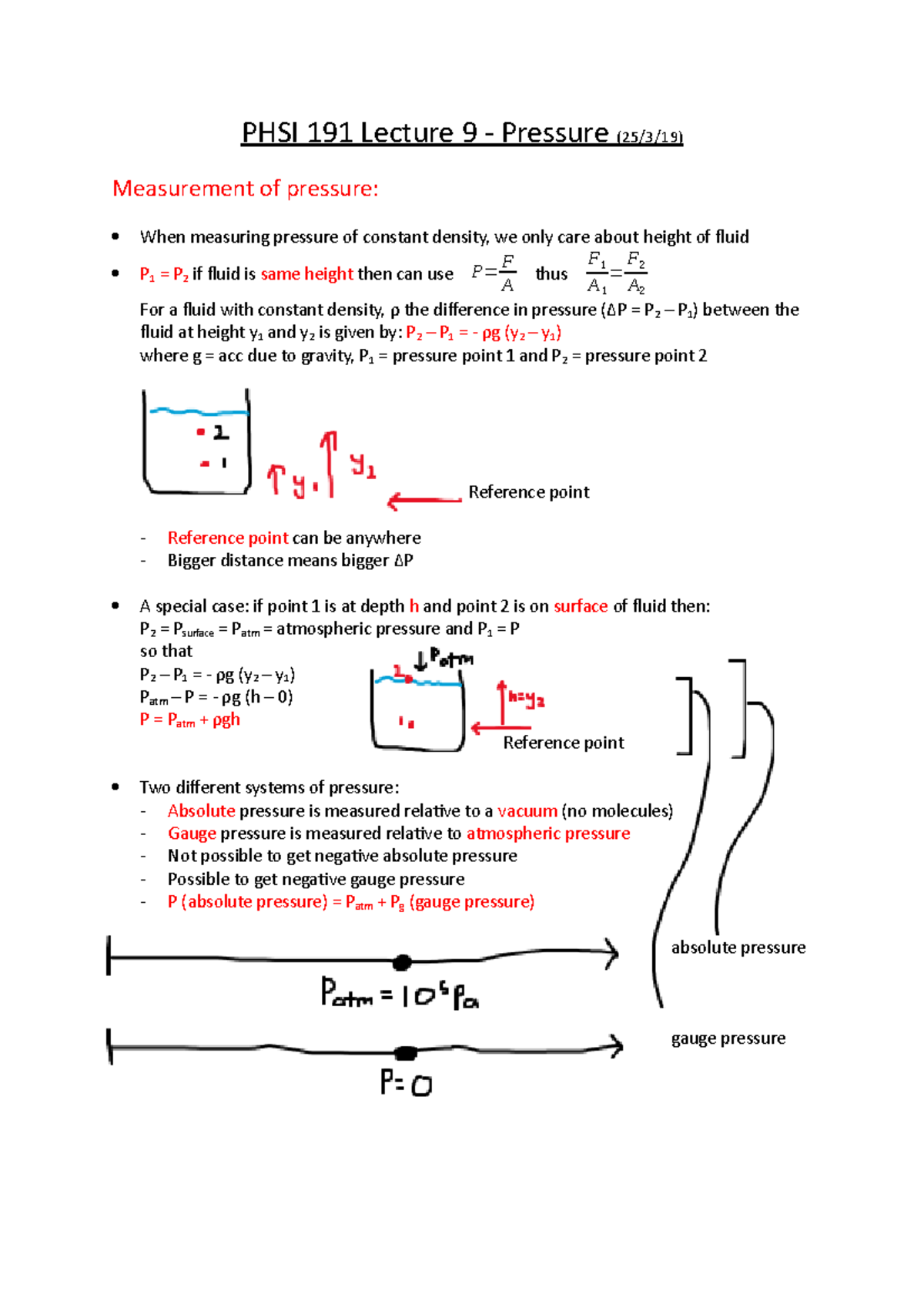 PHSI 191 Lecture 9 - PHSI191 - PHSI 191 Lecture 9 - Pressure (25/3/19) Measurement of pressure ...