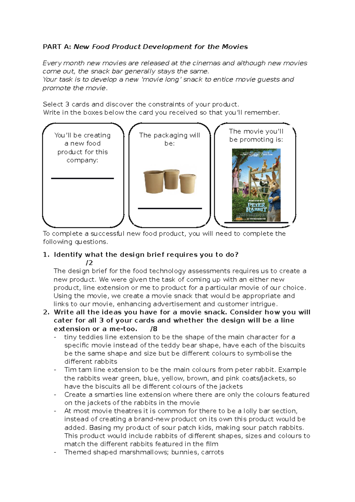 YEAR 10 FOOD Technology Assessment - PART A: New Food Product ...