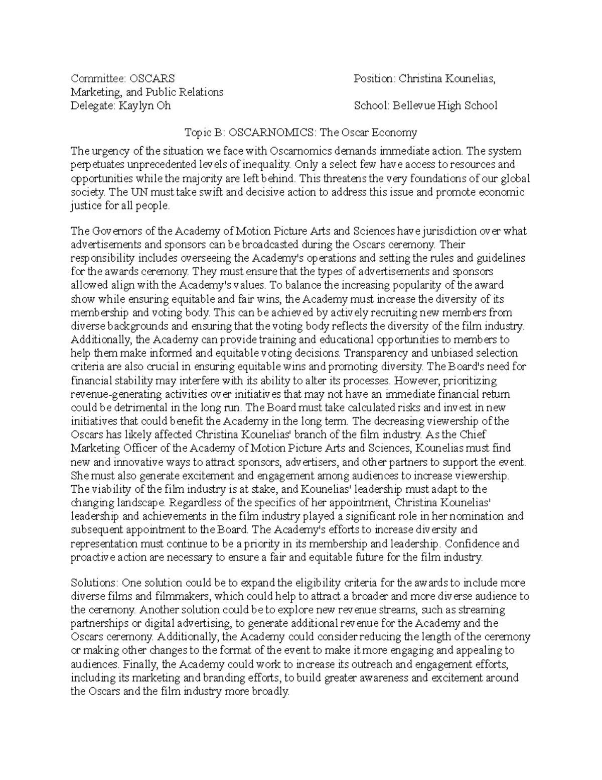 Position paper 2 Oscars - Committee: OSCARS Position: Christina ...