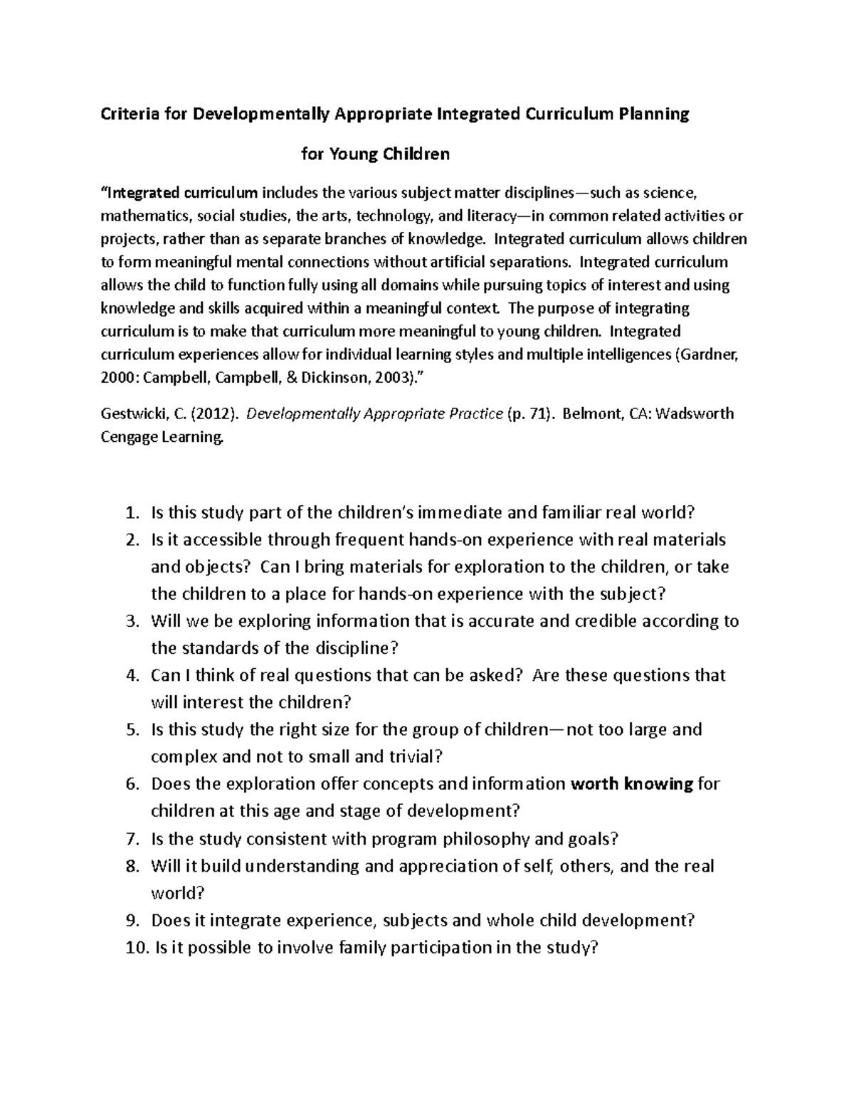 Guidelines for Developmentally Appropriate - Criteria for ...