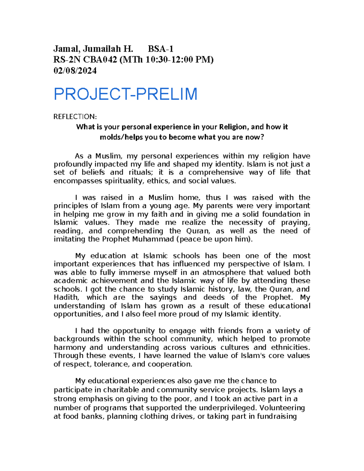 Jamal- Project Prelim - Jamal, Jumailah H. BSA- RS-2N CBA042 (MTh 10:30-12:00 PM) 02/08/ - Studocu