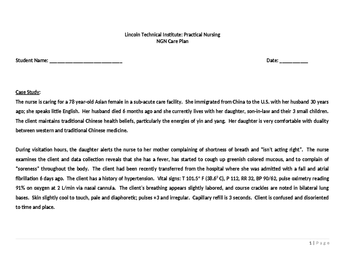 NGN Care Plan PN Example CASE Study - Lincoln Technical Institute ...