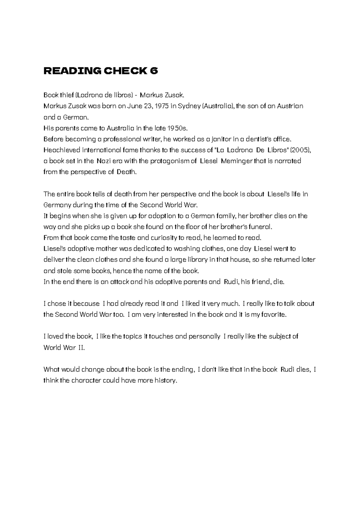 Reading Check 6 - READING CHECK 6 Book thief (Ladrona de libros ...