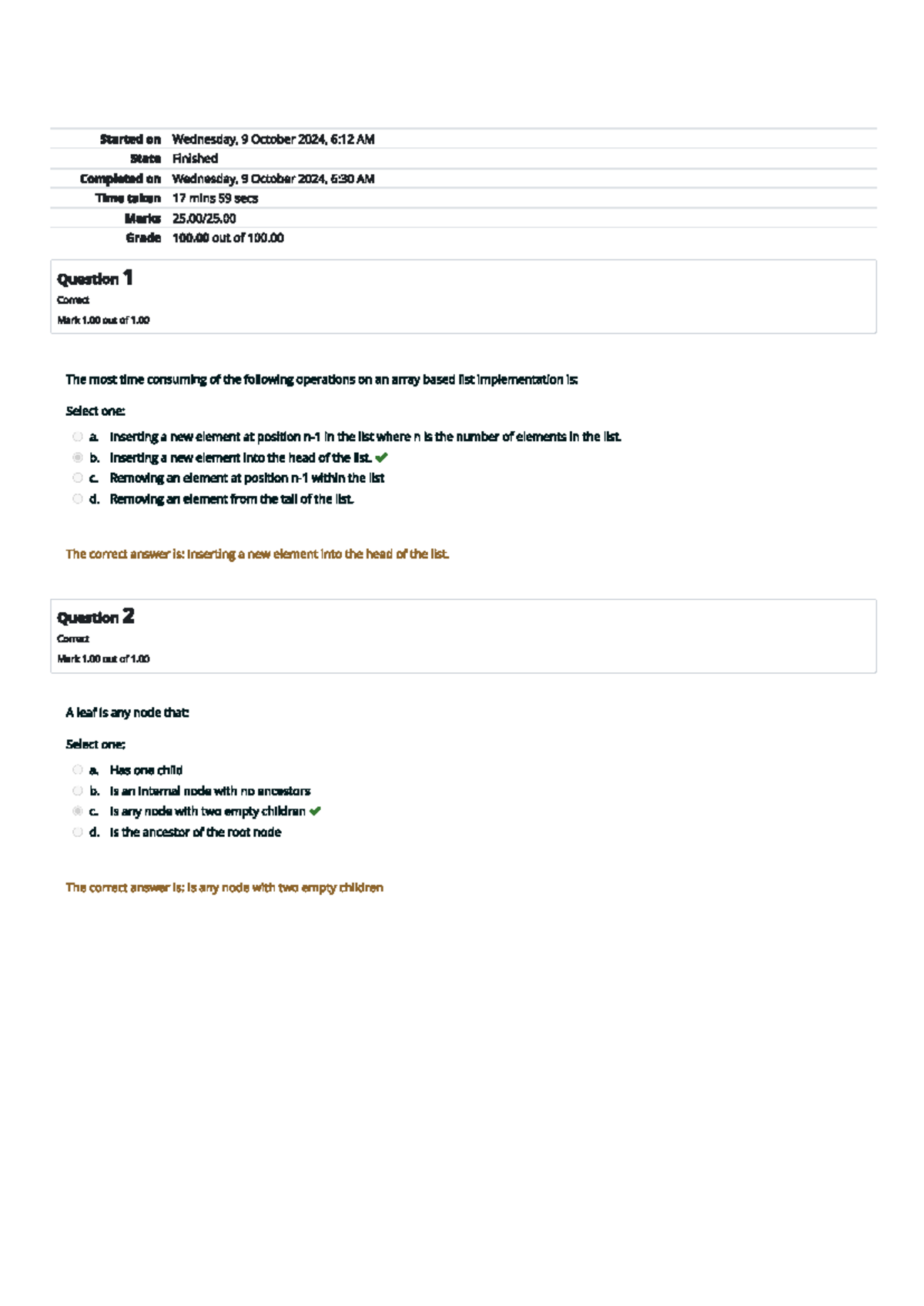 CS 3303 Graded Quiz Unit 5 - Started on Wednesday, 9 October 2024, 6:12 AM State Finished ...