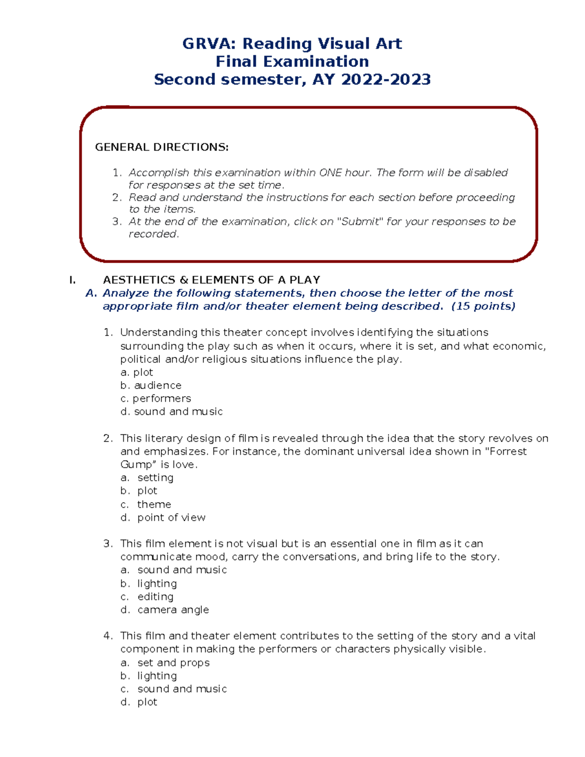 GRVA Final EXAM 2nd SEM AY 2022 2023 - GRVA: Reading Visual Art Final ...