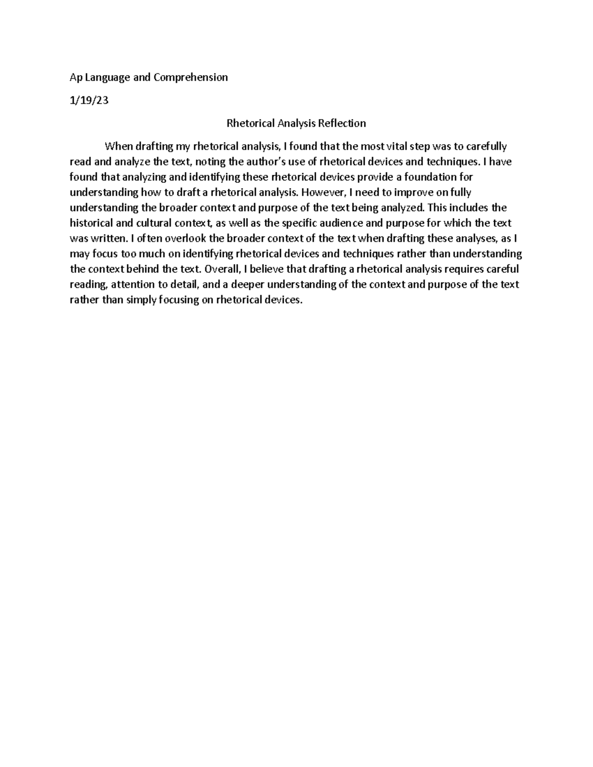 Rhetorical Analysis Reflection - Ap Language and Comprehension 1/19 ...