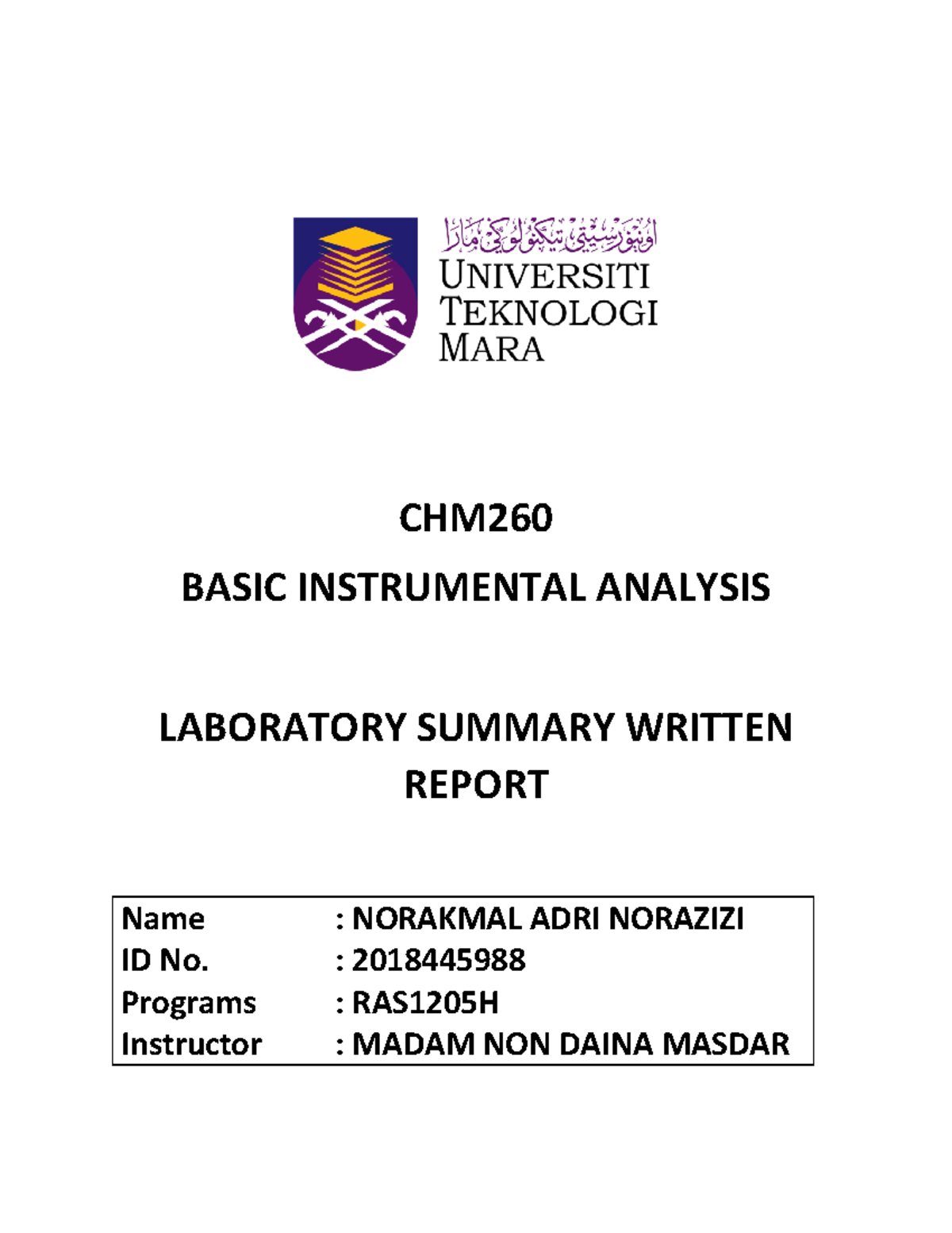 SWR chm260 - writing report - Basic Instrumental Analysis - UiTM - Studocu