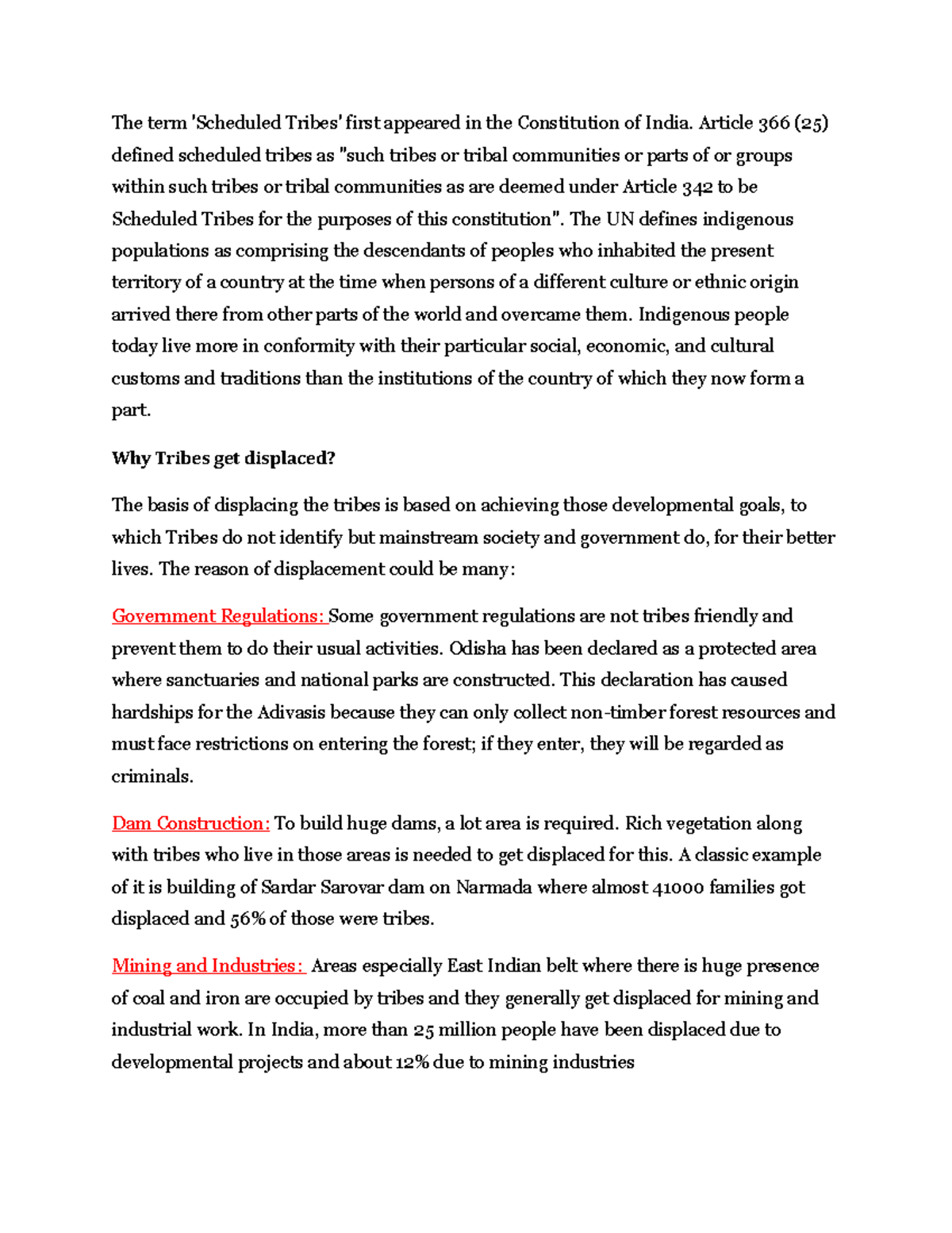 Tribal displacement and rehabilitation issues - The term 'Scheduled ...