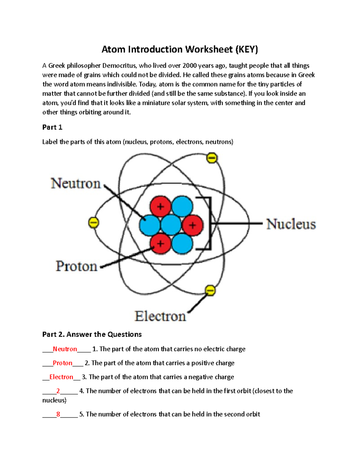 Atom Intro Worksheet Key - Atom Introduction Worksheet (KEY) A Greek ...