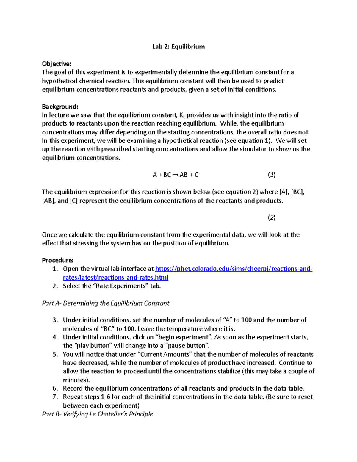 CHEM 102 VL 3 equilibrium lab - Lab 2: Equilibrium Objective: The goal ...