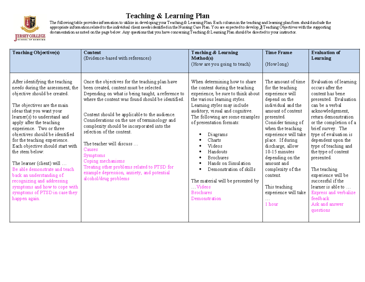 Teaching Plan updated 03232022 (2) (1) - Teaching & Learning Plan The ...