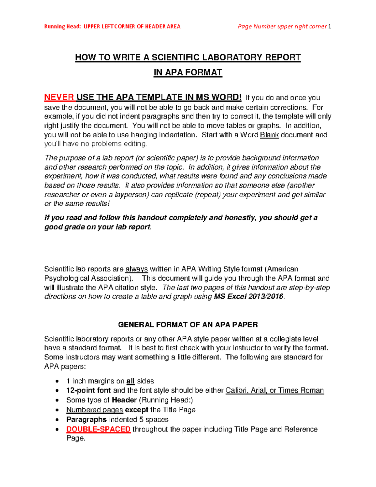 How To Write ALab Report Handout - Running Head: UPPER LEFT CORNER OF ...