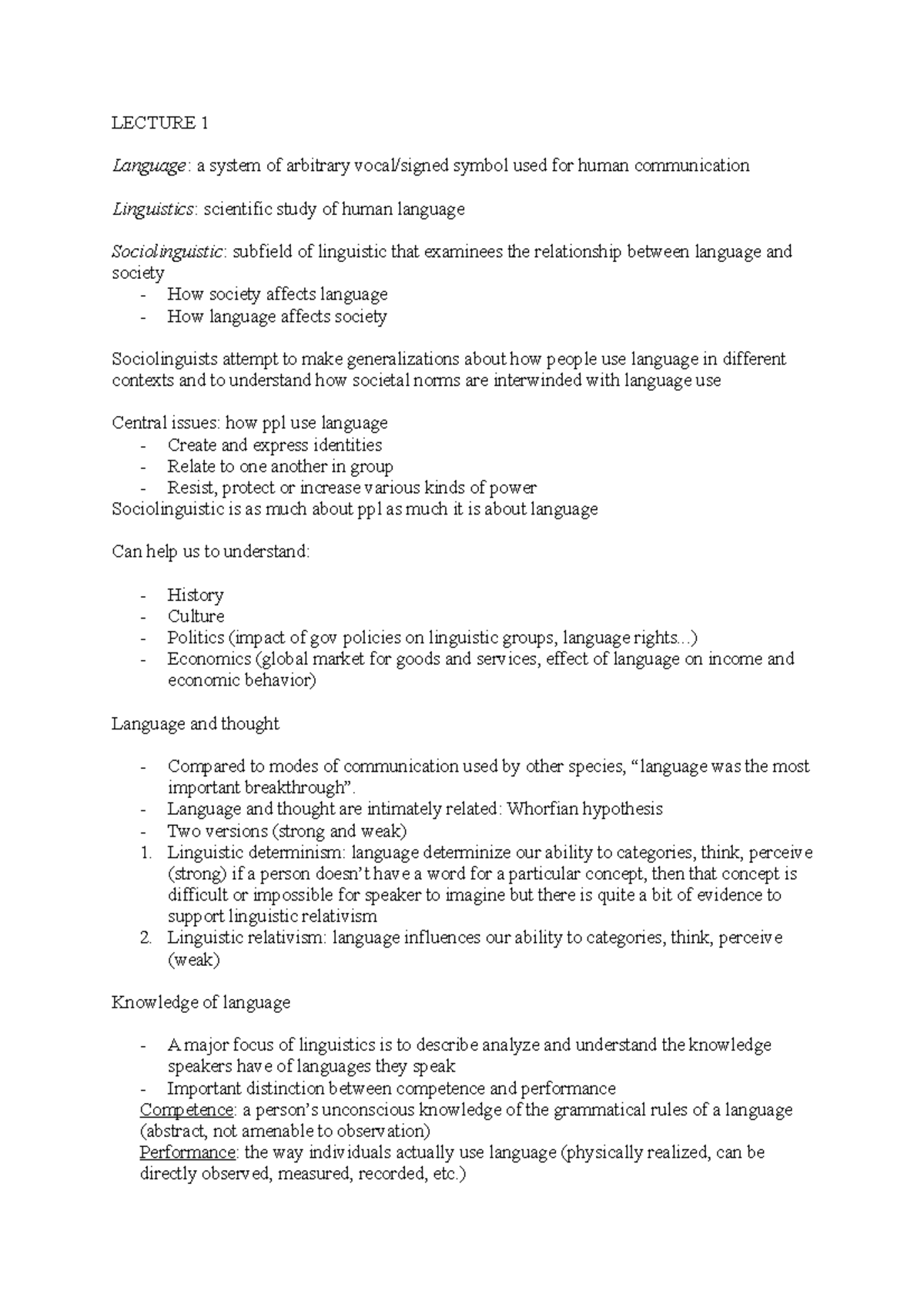 Sociolimgustic - lecture note - LECTURE 1 Language: a system of ...