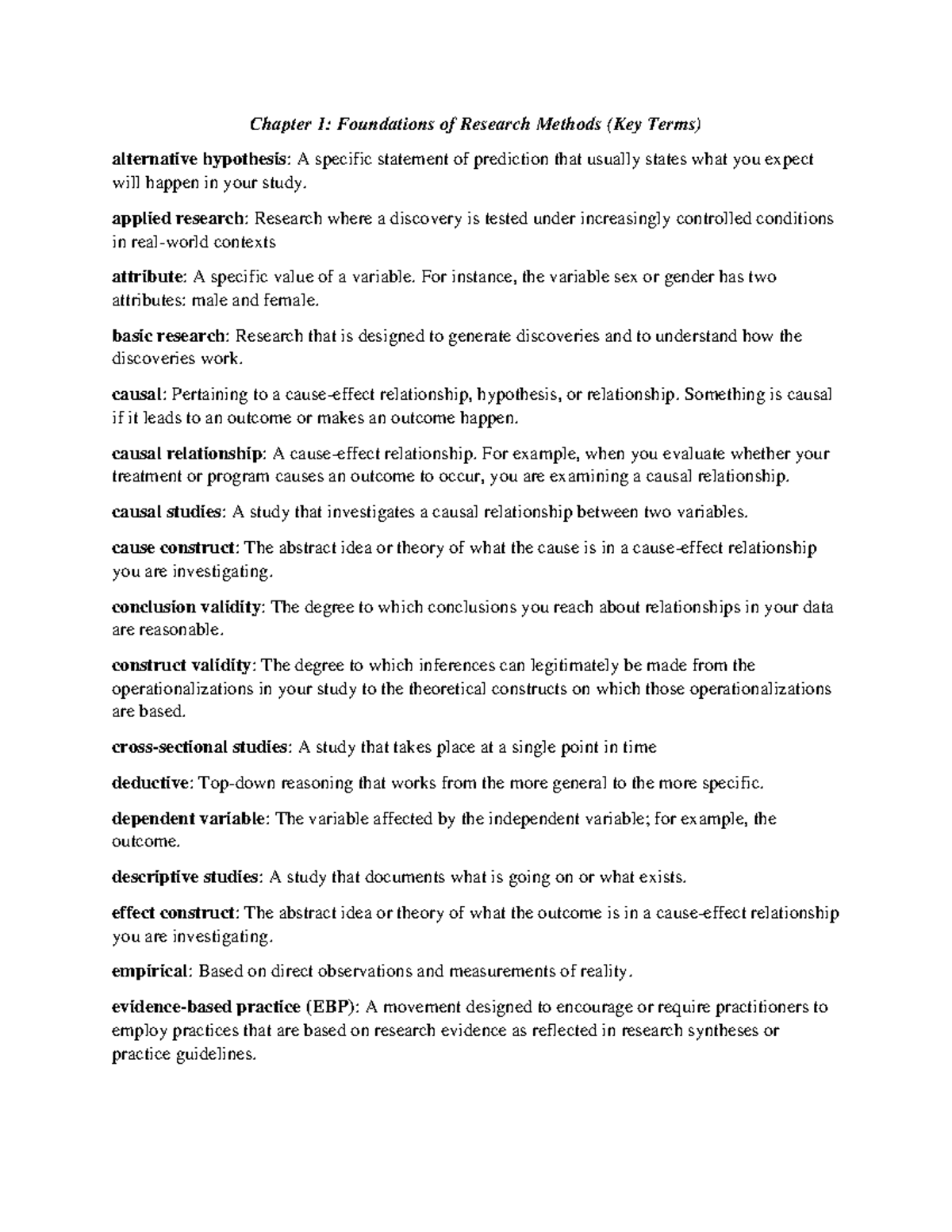 Chapter 1 Foundations of Reseach Methods Key Terms - applied research ...