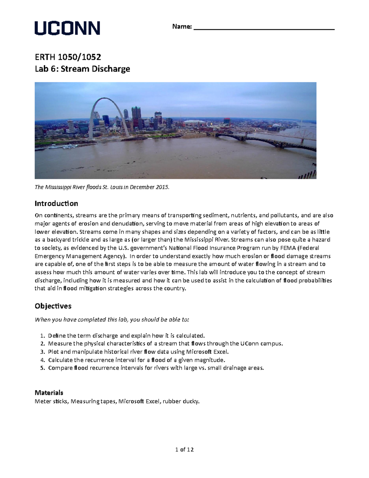 ERTH1052 Lab 6 (Stream Discharge) worksheet Student - Name