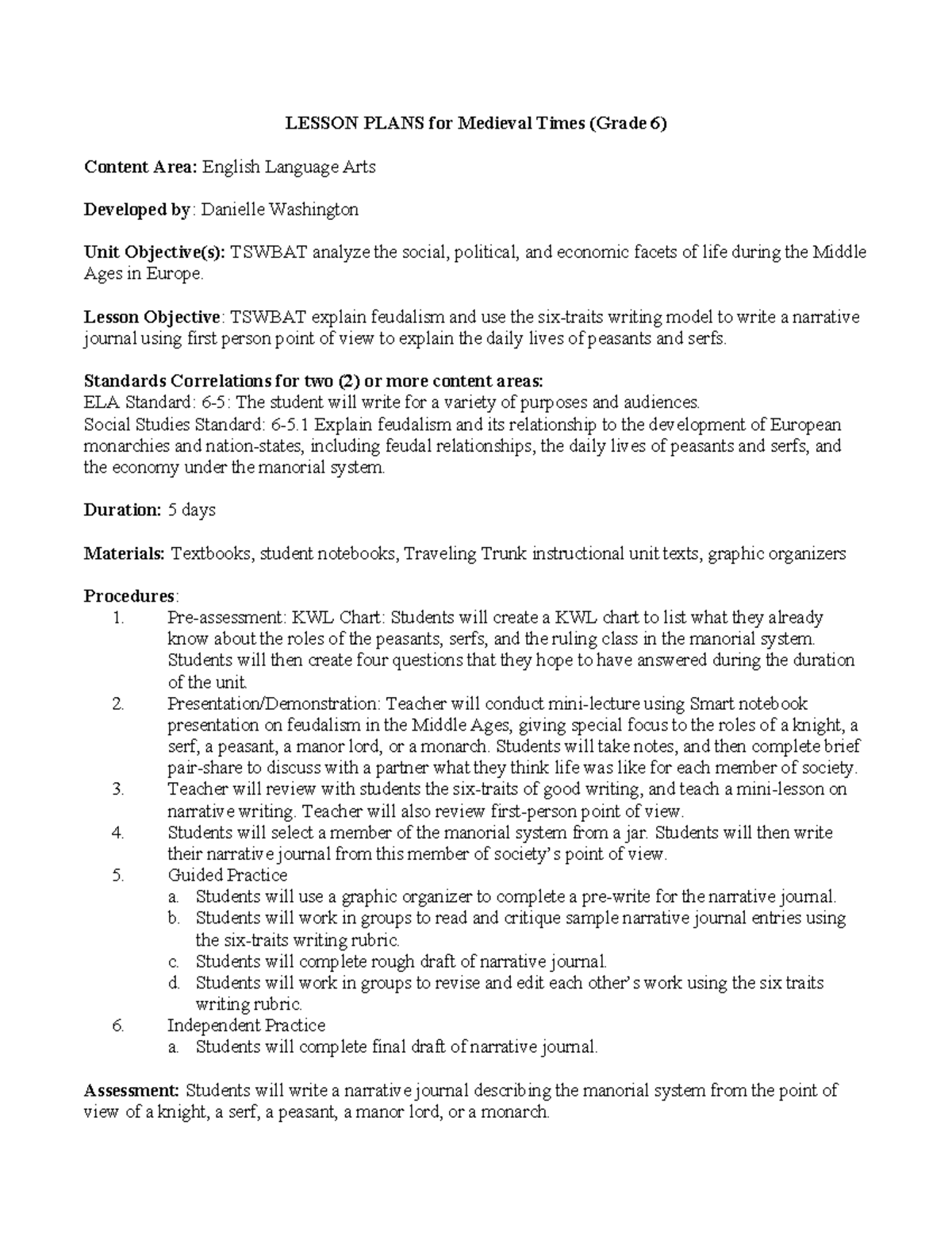 6Medieval Lesson Plans - LESSON PLANS for Medieval Times (Grade 6 ...